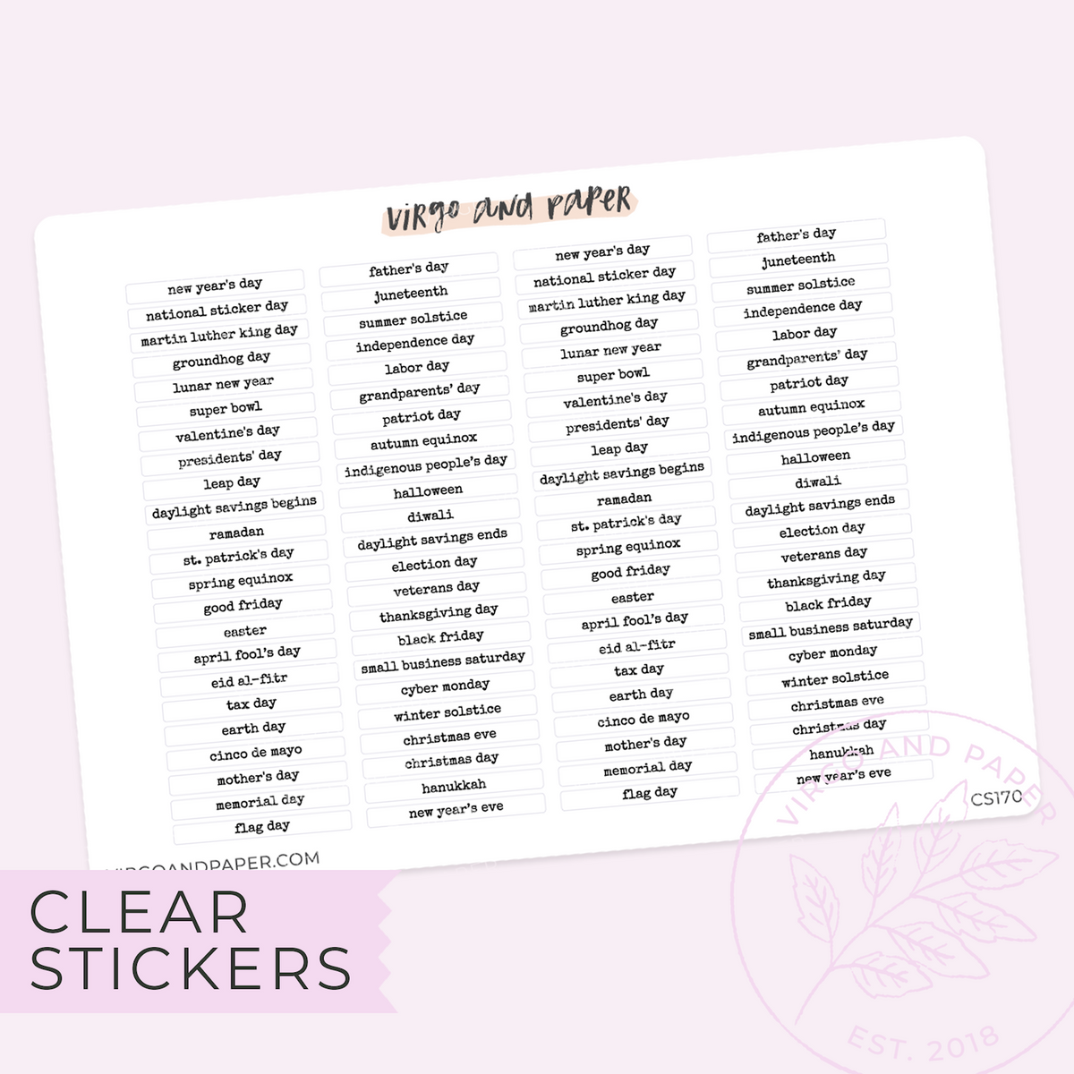Clear Holiday Stickers - Virgo and Paper