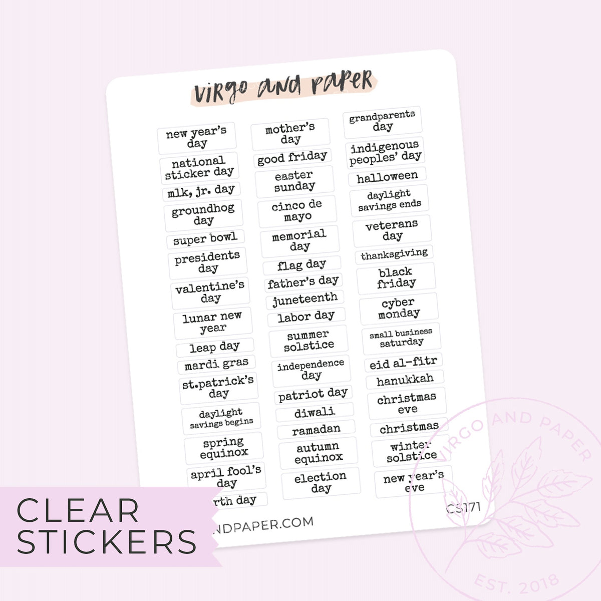 Clear Holiday Stickers - Virgo and Paper