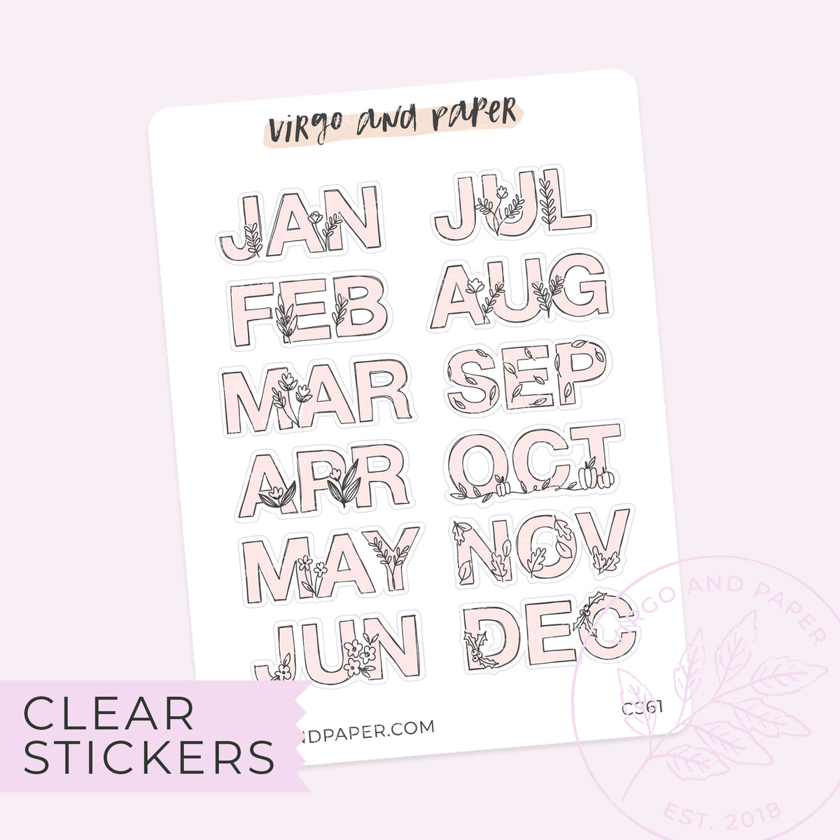 Clear Mini Hand Drawn Floral Jan-Dec Monthly Labels in Pink – Virgo and ...