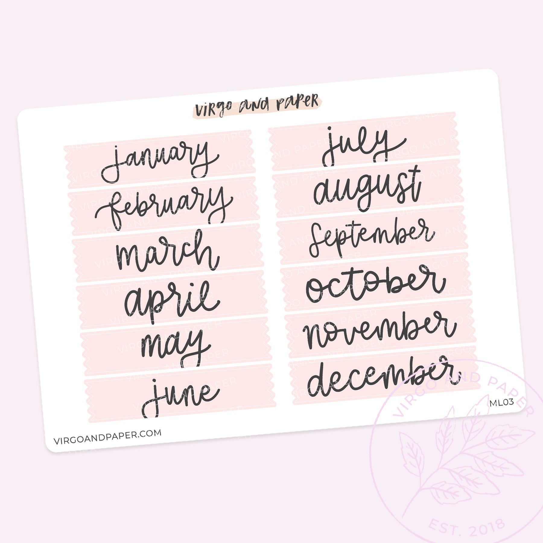 Months of the Year Labels in Pink – Virgo and Paper